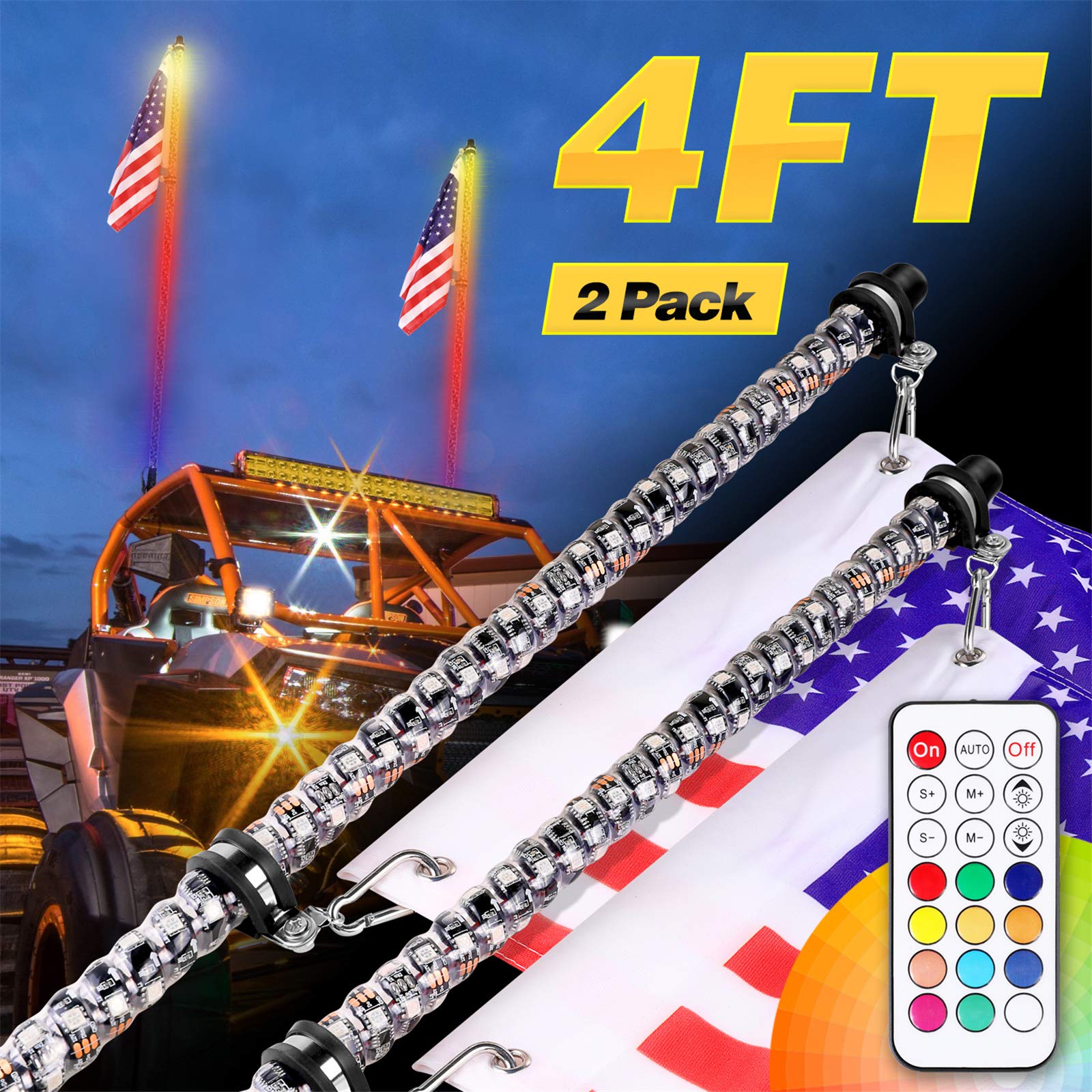 Buy RGB 4FT LED Whip Lights Pair, 2PCS Spiral Lighted Whips with RF ...