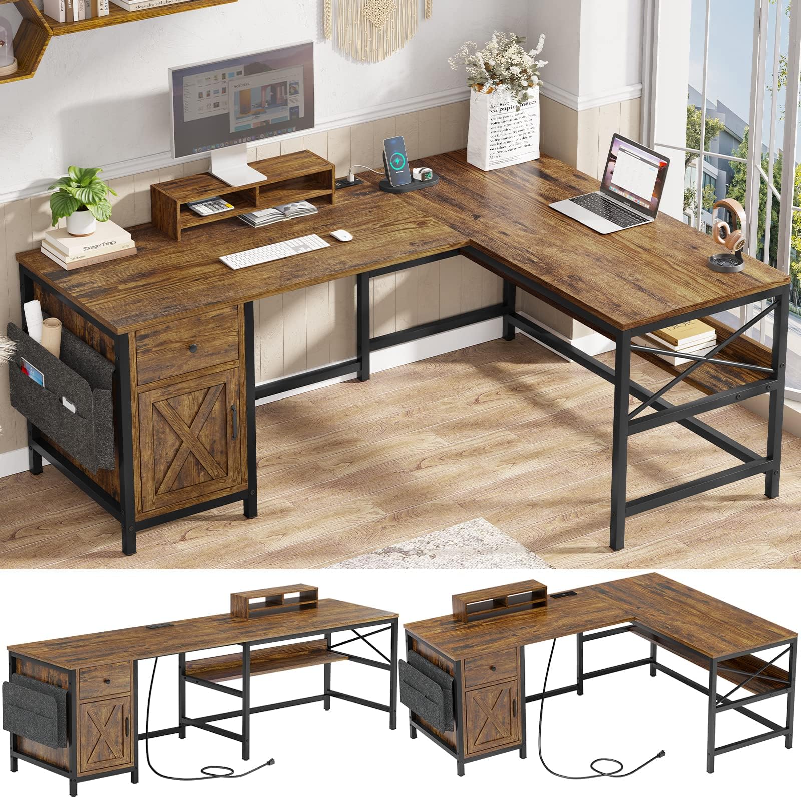 Amazon.com: FATORRI Industrial L Shaped Computer Desk and Small ...