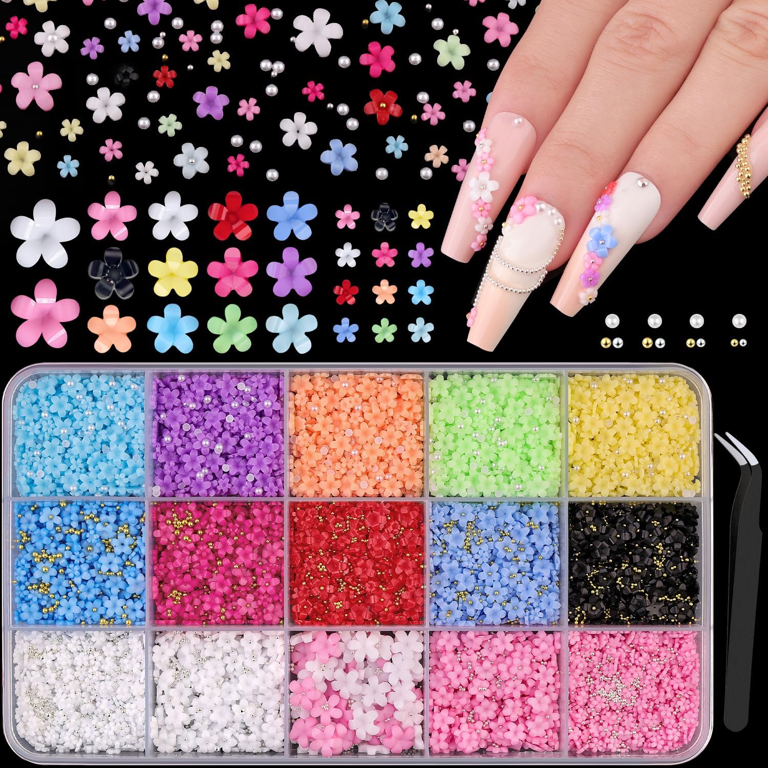 Amazon.com: 3D Flower Nail Charms with Tweezers for Nail Art, Colorful ...