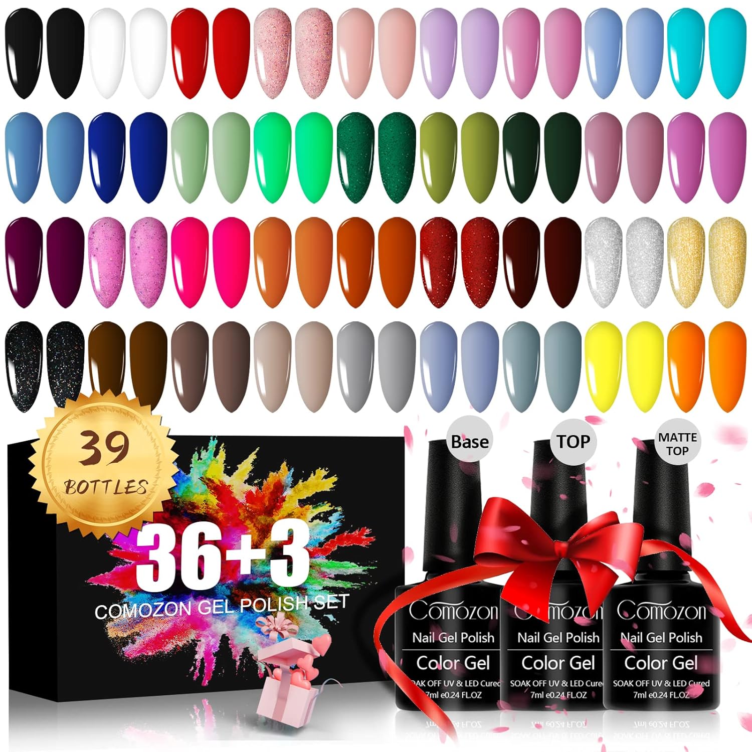 Amazon.com : 39 Pcs Gel Nail Polish Set with 36 Colors Gel Polish, 3Pcs ...
