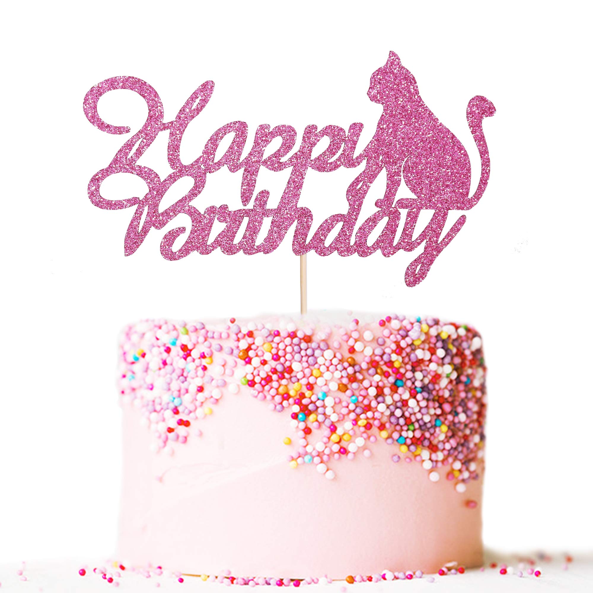 Buy Artczlay Happy Birthday Cake Topper Pink Glitter Cat Cake Topper ...