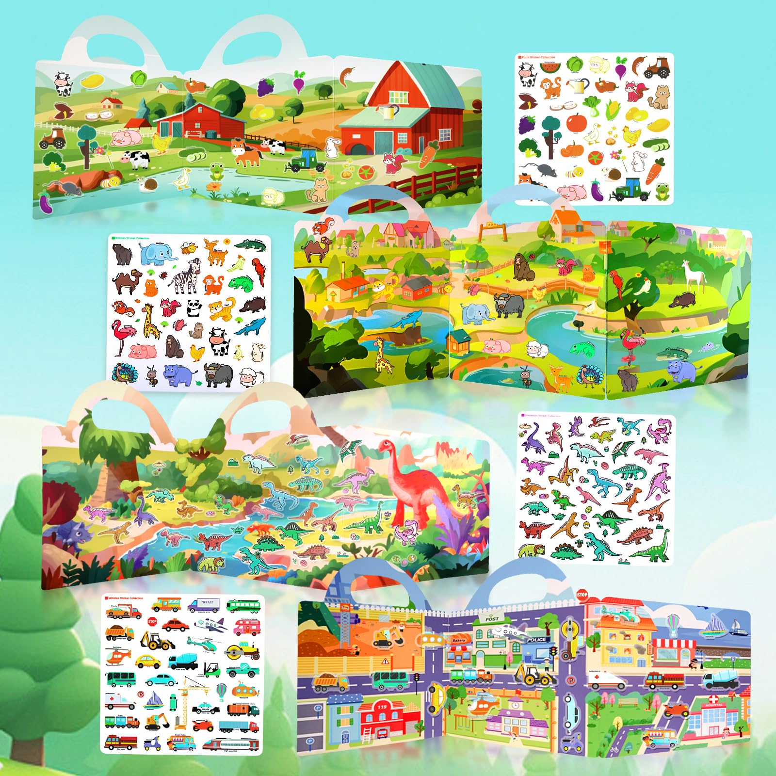 iewrtcin 4 Pack Reusable Sticker Books for Toddlers, Dinosaur Vehicle ...