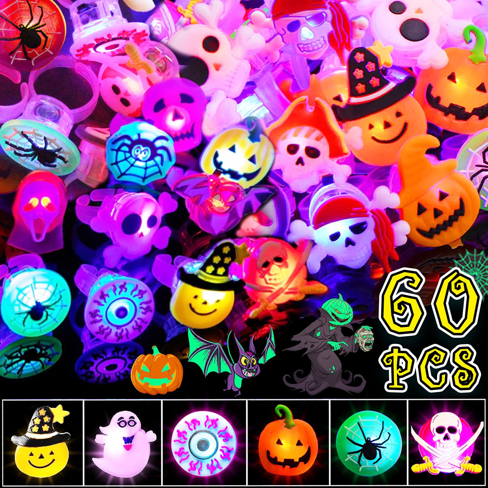 Amazon.com: 60Pcs Halloween Party Favors for Kids, Light Up Rings Bulk ...