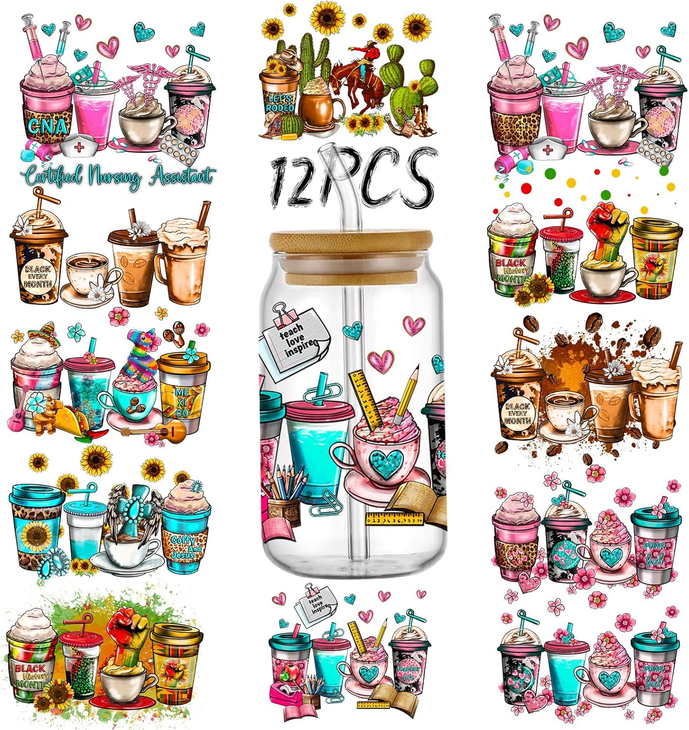 Amazon.com: UV DTF Cup Wrap Transfer for Glass 16oz,12 Sheetes Coffee ...