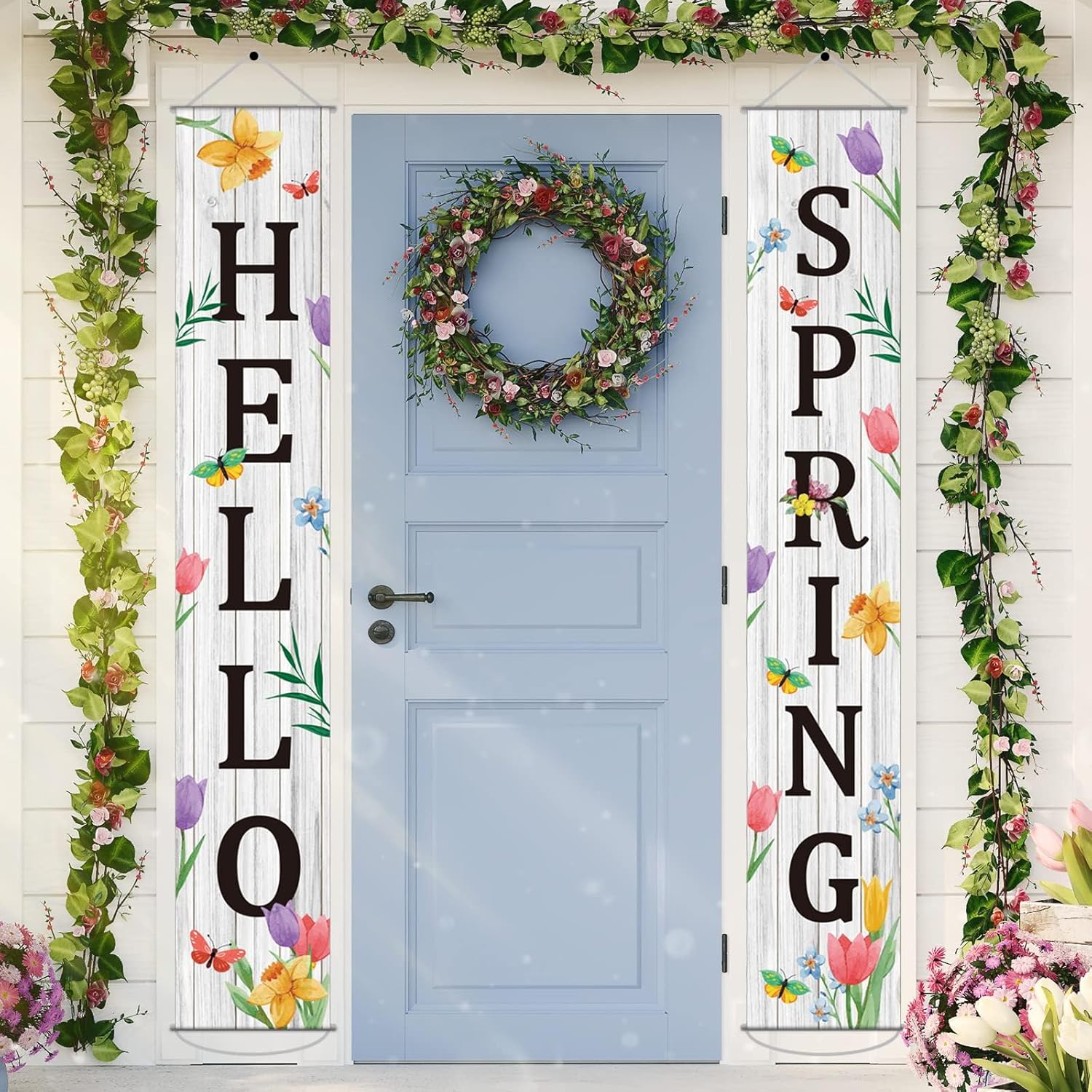 Amazon.com : Hello Spring Porch Banner for Front Door Spring Door ...