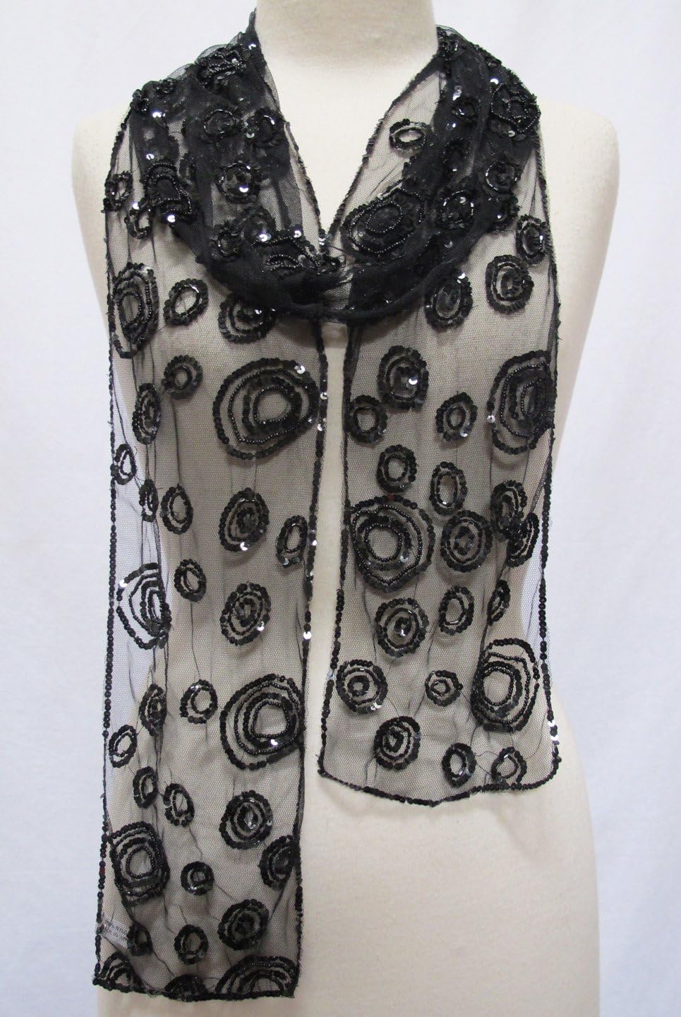 Sequin Beaded Embroidered Circles Net Mesh Sheer Scarf Black at Amazon ...
