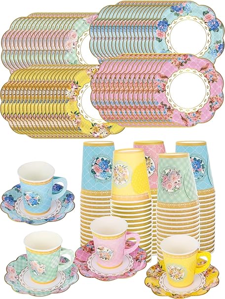 Amazon.com | Glazeal 32 Set Floral Paper Tea Cups(8.5 oz) with Handle ...