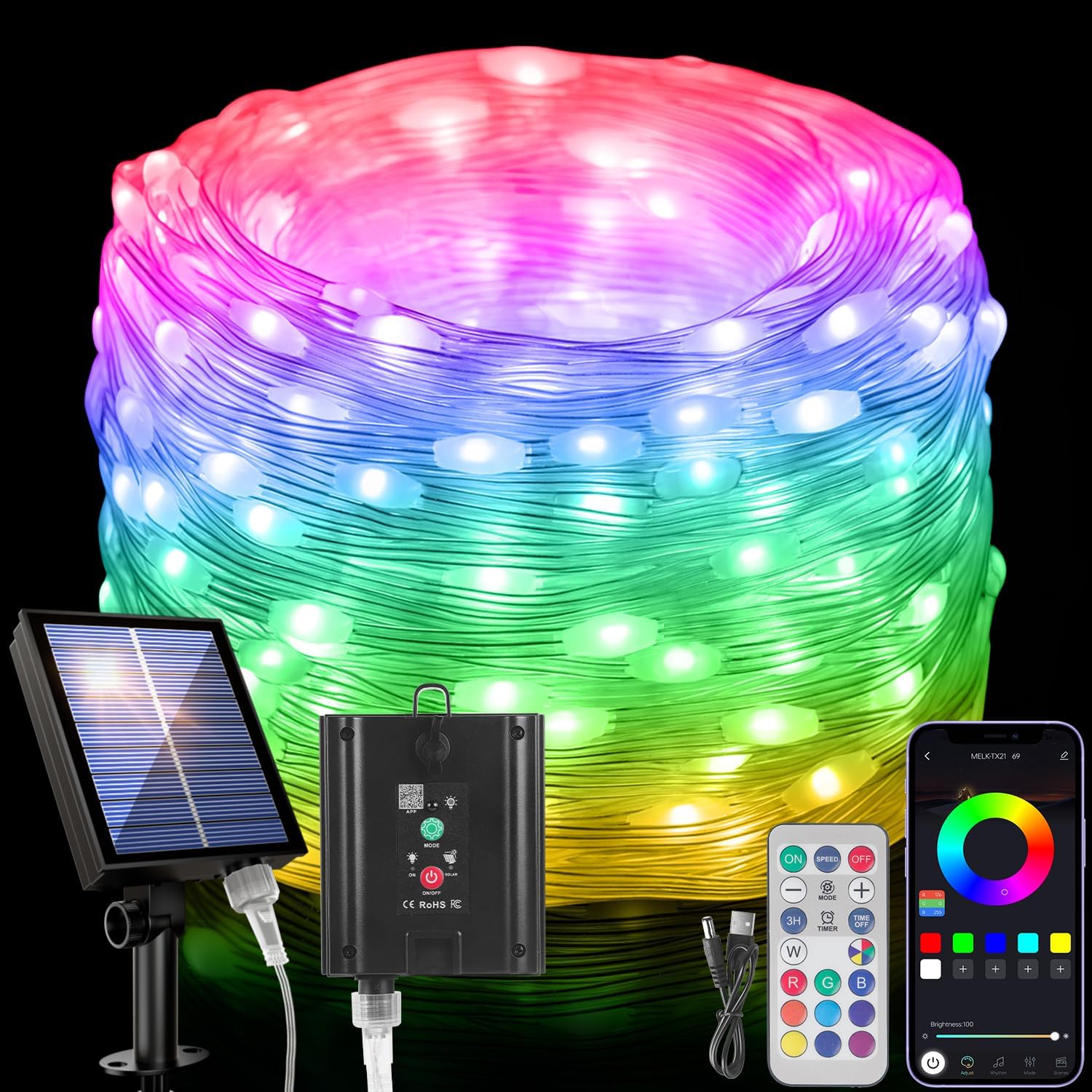 Electight RGB Smart IC Solar Fairy Lights [APP/Remote Control], 33FT ...