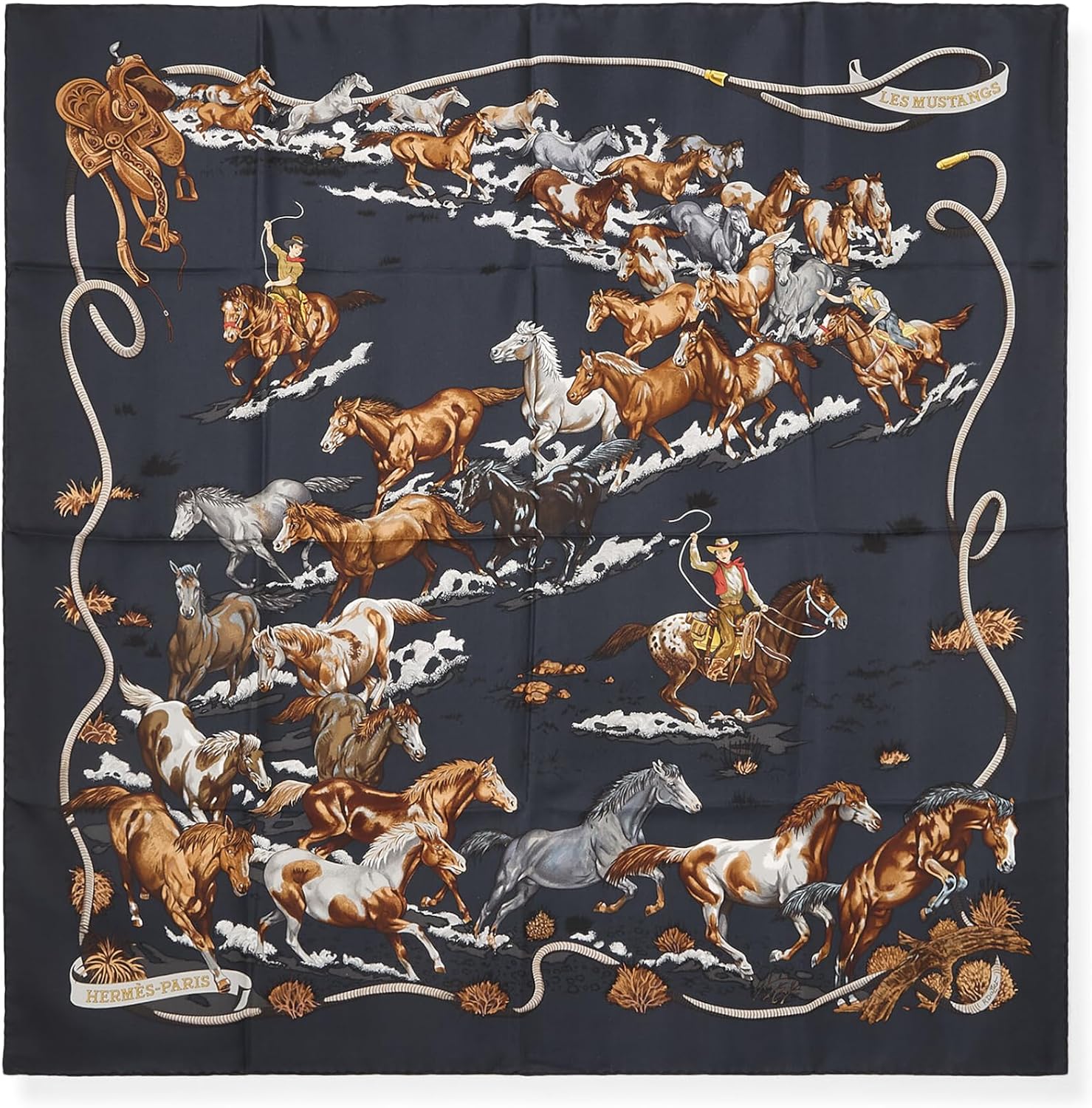 Amazon.com: Hermès, Pre-Loved Black & Multicolor 'Les Mustangs' Silk ...