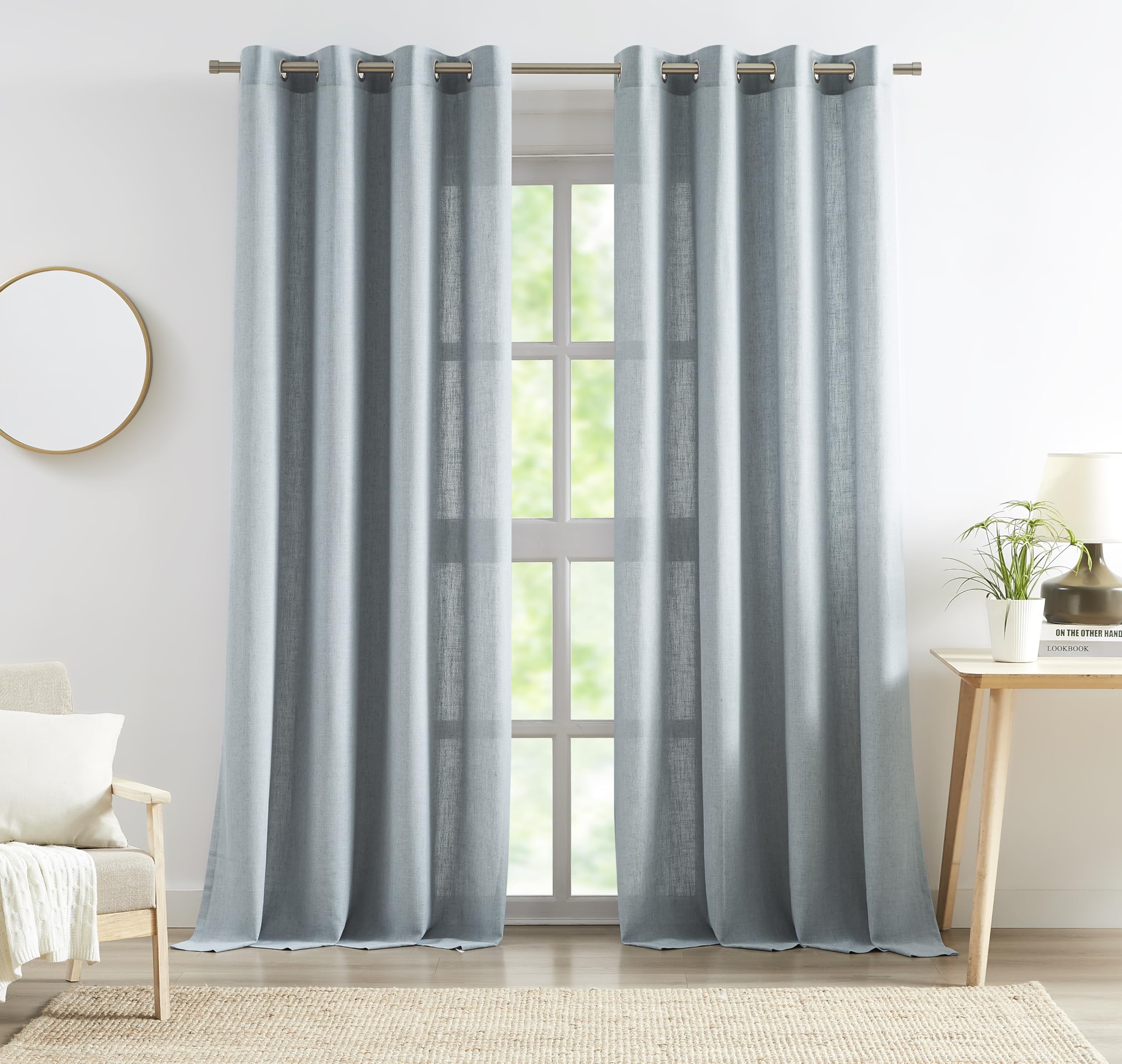 Amazon.com: Central Park Blue Grommet Semi Sheer Curtain Textured Linen ...