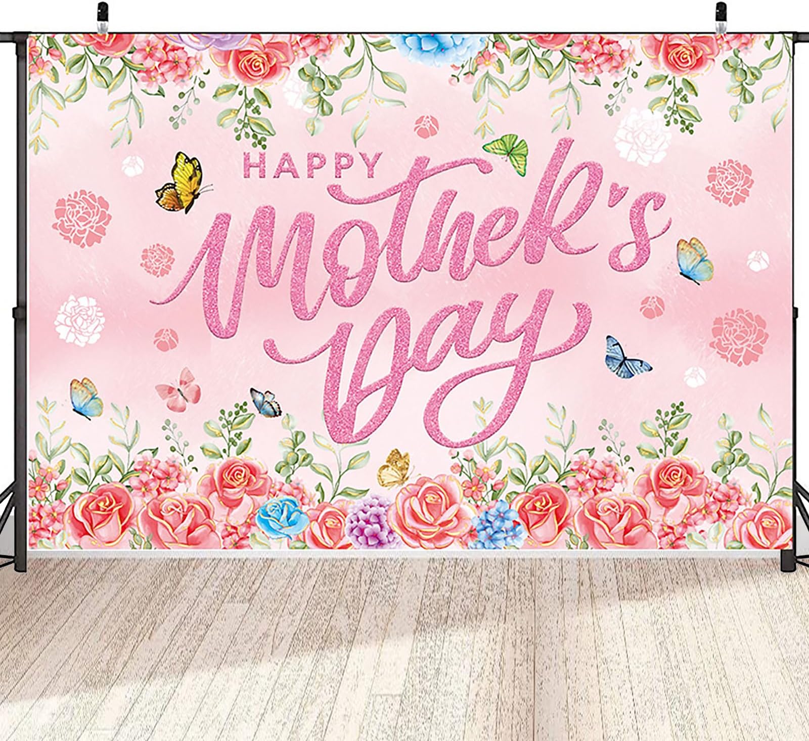 Amazon.com : 7x5ft Mother's Day Backdrop Pink Flowers Butterfly Happy Mothers Day Photography ...