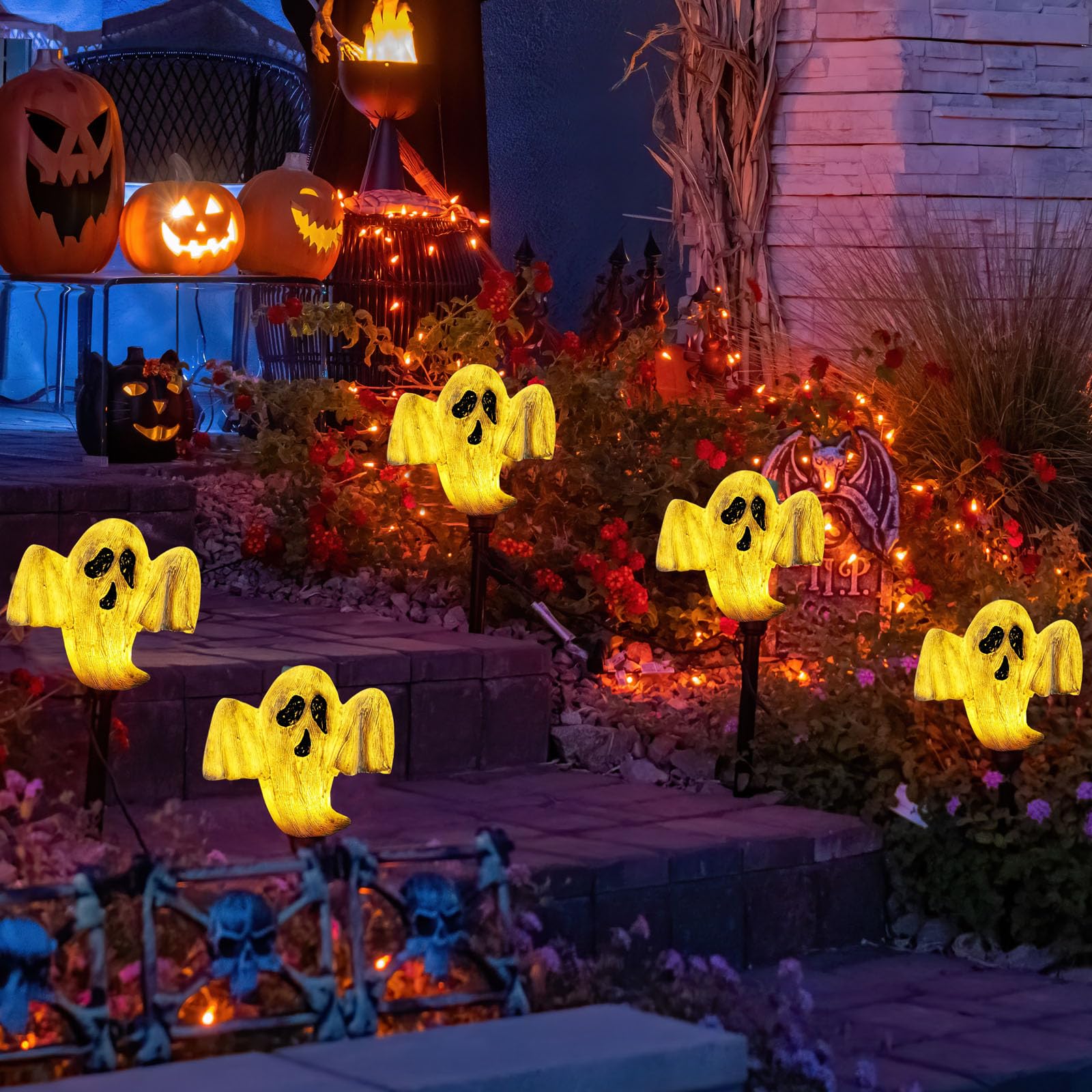 Amazon.com : 4 Pack Halloween Decorations Pathway Solar Lights, Ghosts ...