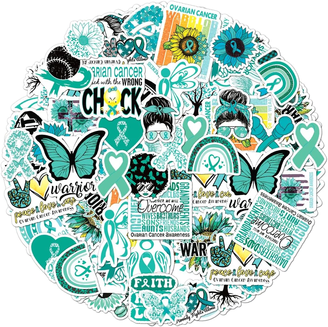Amazon.com: 50 Pack Pcs Teal Ovarian Cancer Awareness Ribbon Stickers ...
