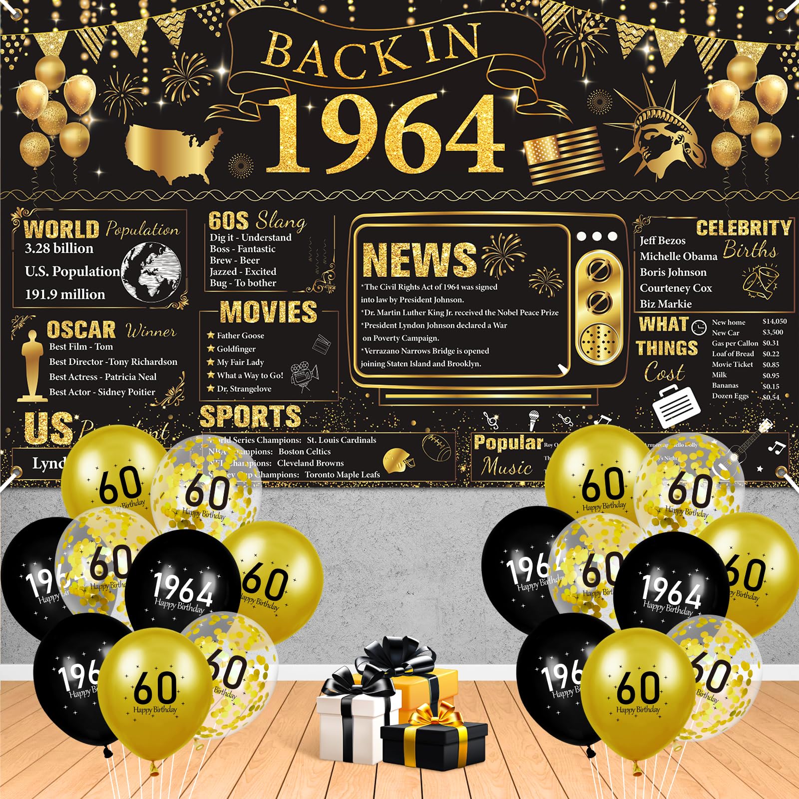 Black Gold 60th Birthday Decorations Black Gold Back in 1964 Birthday ...