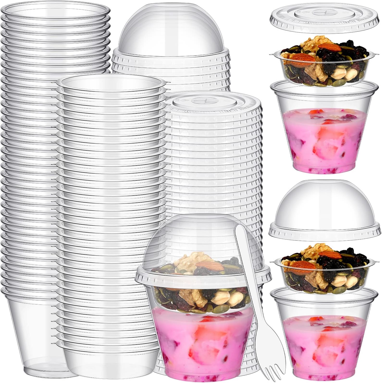 Amazon.com: 100 Pack 9 oz Parfait Cups with Insert and Flat Lids Dome ...