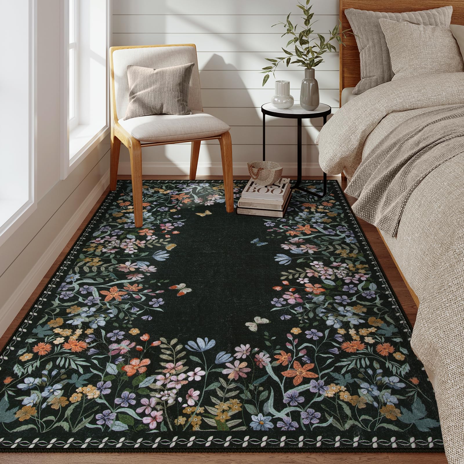 Amazon.com: Wonnitar Washable 4x6 Rug, Black Floral Print Area Rugs for ...