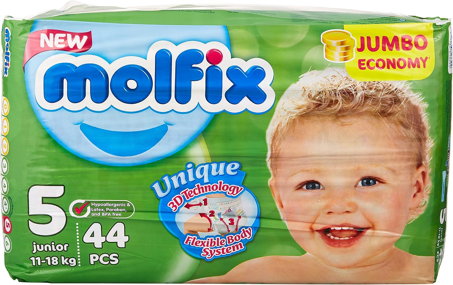 molfix Junior Economy Pack Jumbo/11-18 kg (44 Nappies) Size 5 : Amazon ...