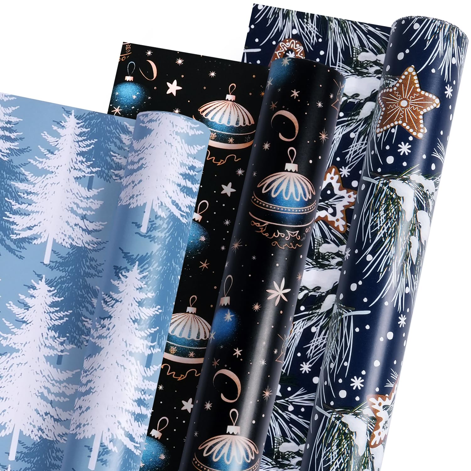 Christmas Wrapping Paper, 3 Mini Rolls, Navy Blue Christmas Wrapping ...