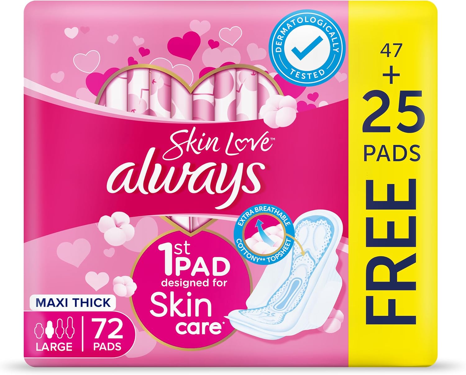Always Cotton Skin Love Sanitary Pads, 72 Large Thick Pads : Amazon.ae
