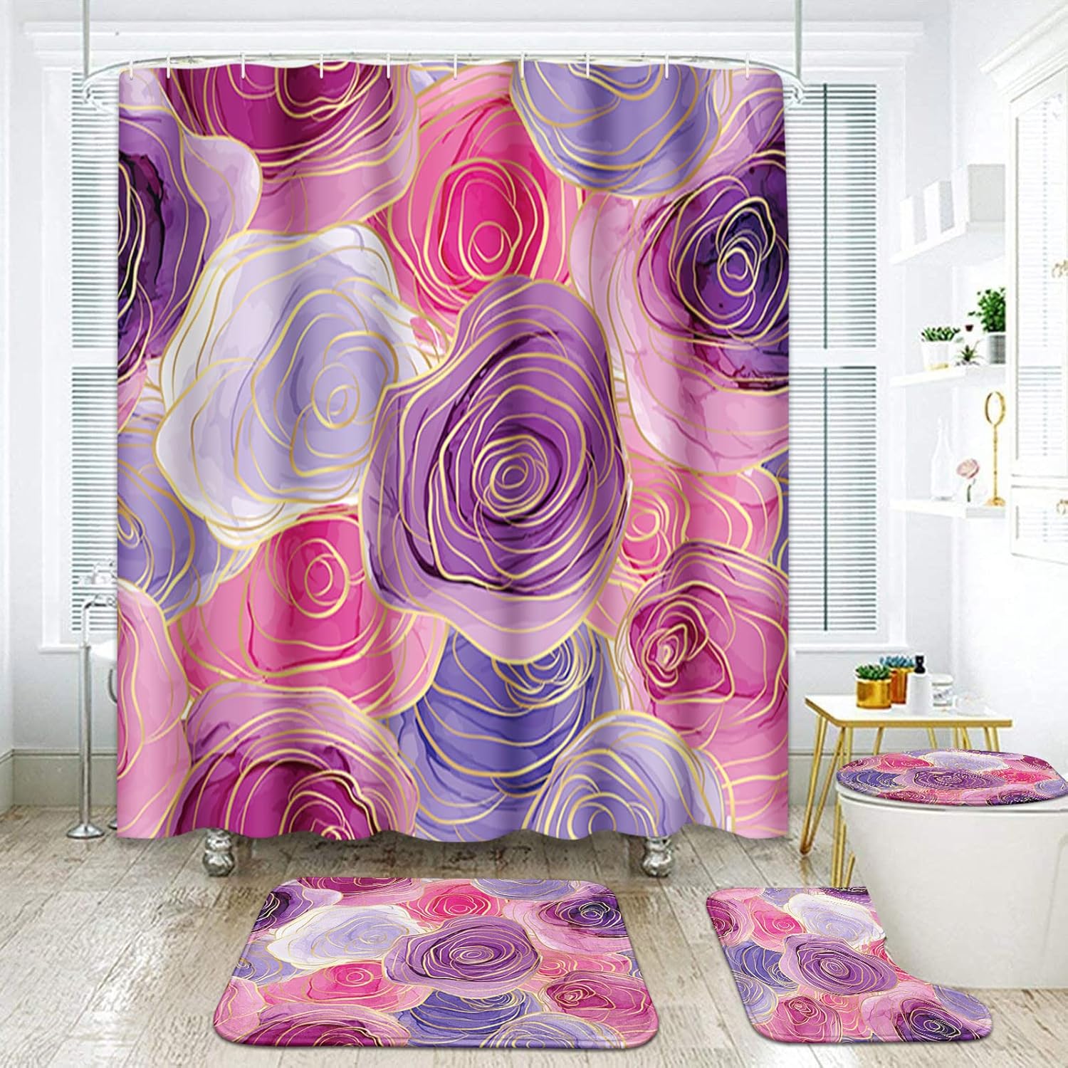 ArtSocket Juego de baño de rosas moradas con cortina de ducha y ...