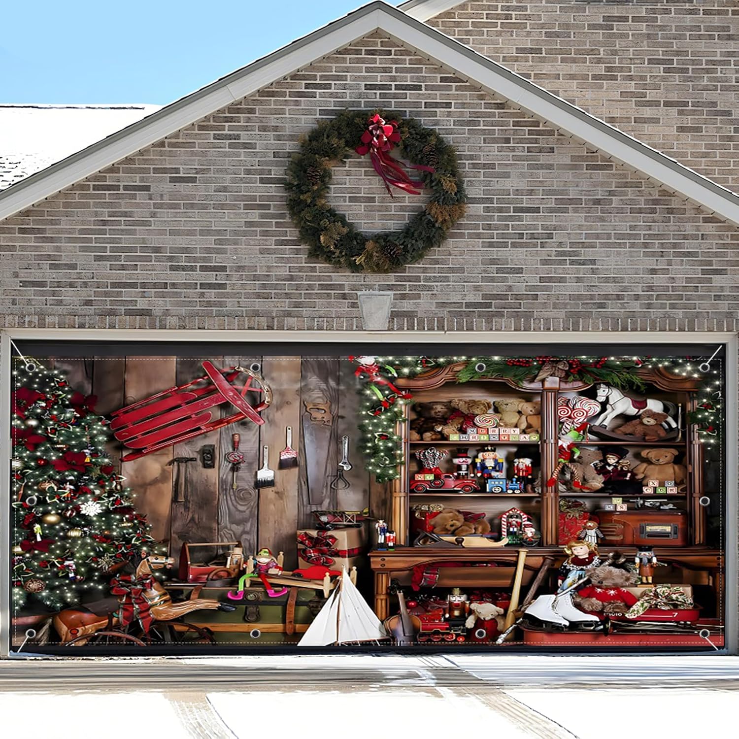Amazon.com: Renaiss 16x7ft Santas Workshop Garage Door Banner Santa's ...