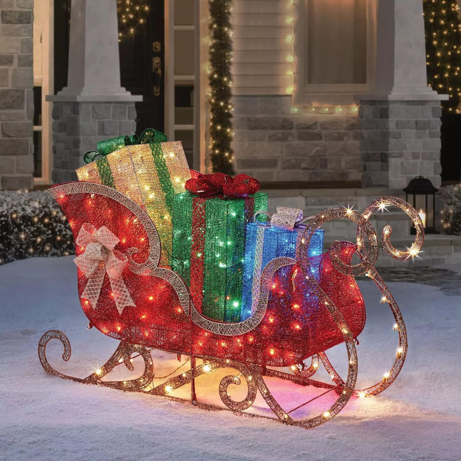 Amazon.com: Pre-Lit Twinkling Sleigh - Christmas Decorations Red ...