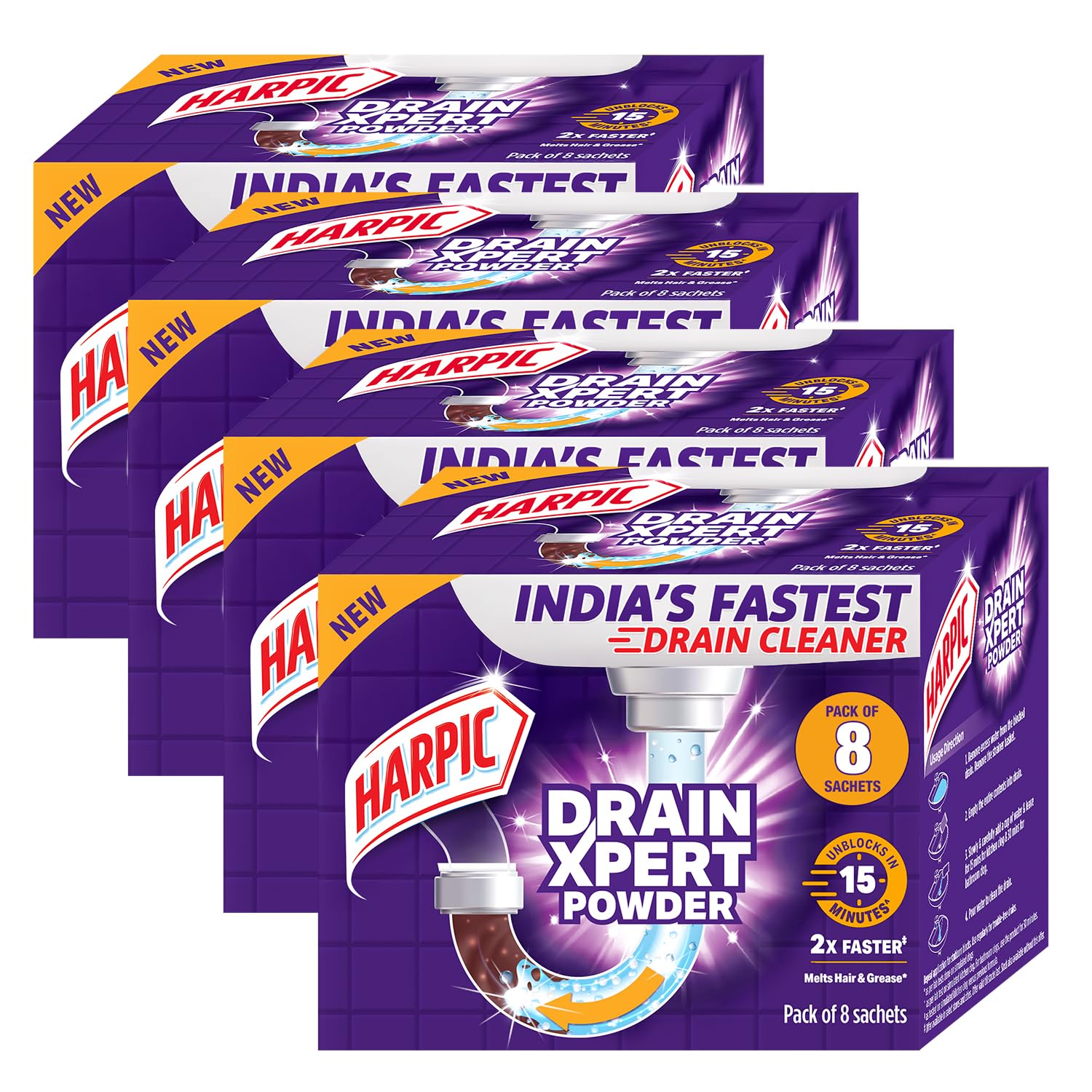 Harpic Drain Xpert Drain Cleaning Powder (50g x 8) | Removes Blockages ...