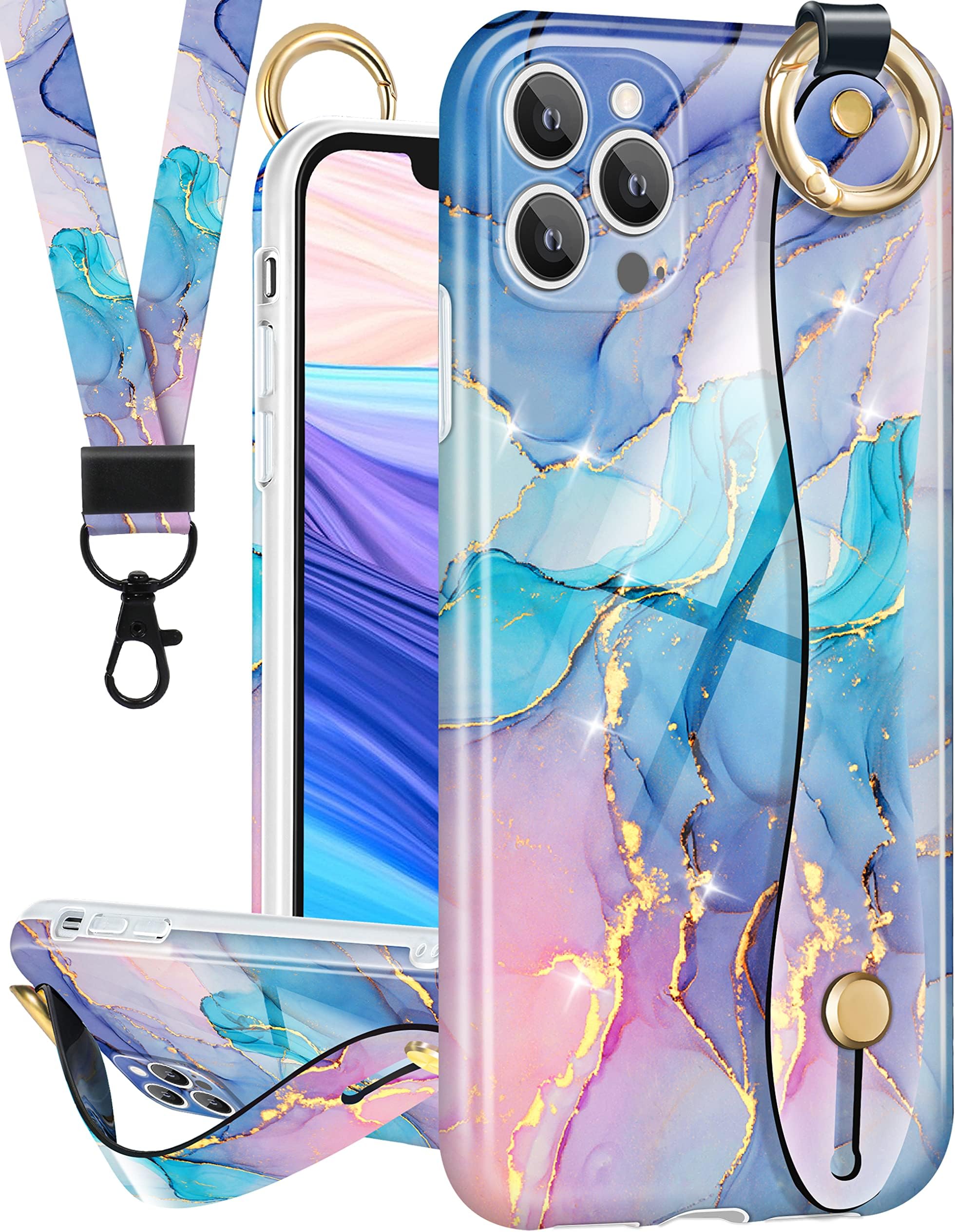 Amazon.com: LISEVO (2in1 Blue Marble Case with Strap for iPhone 14 Pro ...