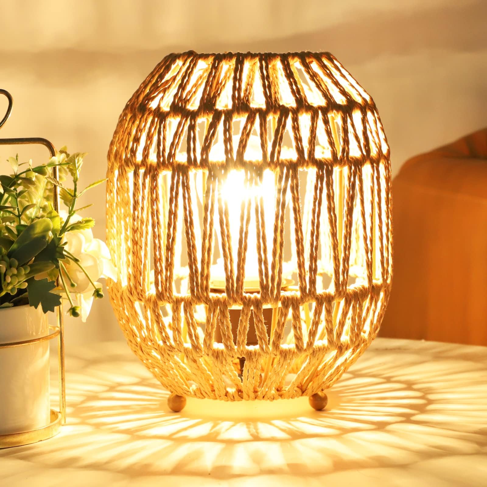 Capslpad Rustic Boho Rattan Table Lamp - Dimmable Handmade Woven Small ...