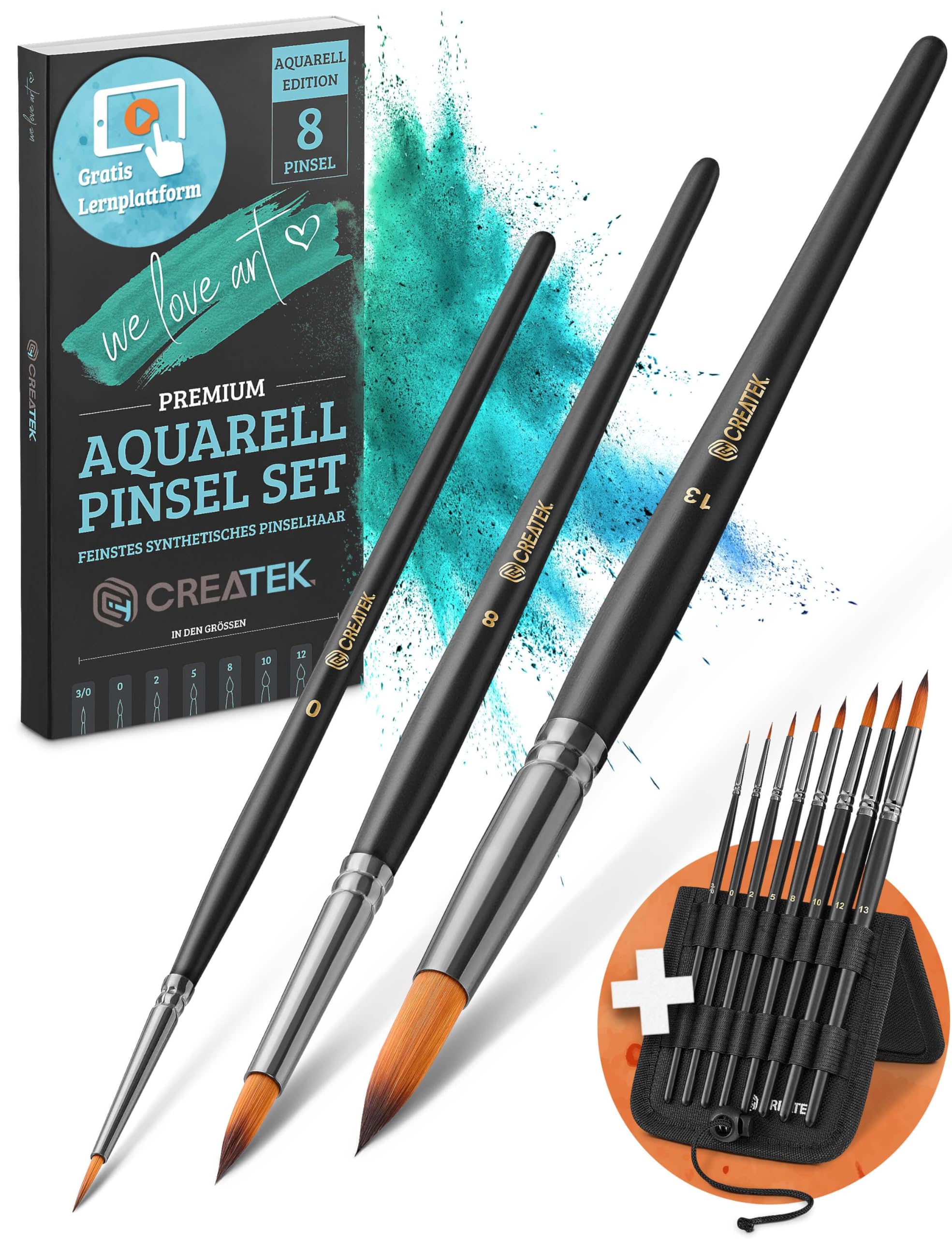 CreaTek Aquarellpinsel Set [ Premium Qualität ohne Haarverlust ] 8 hochwertige Aquarell Pinsel ...