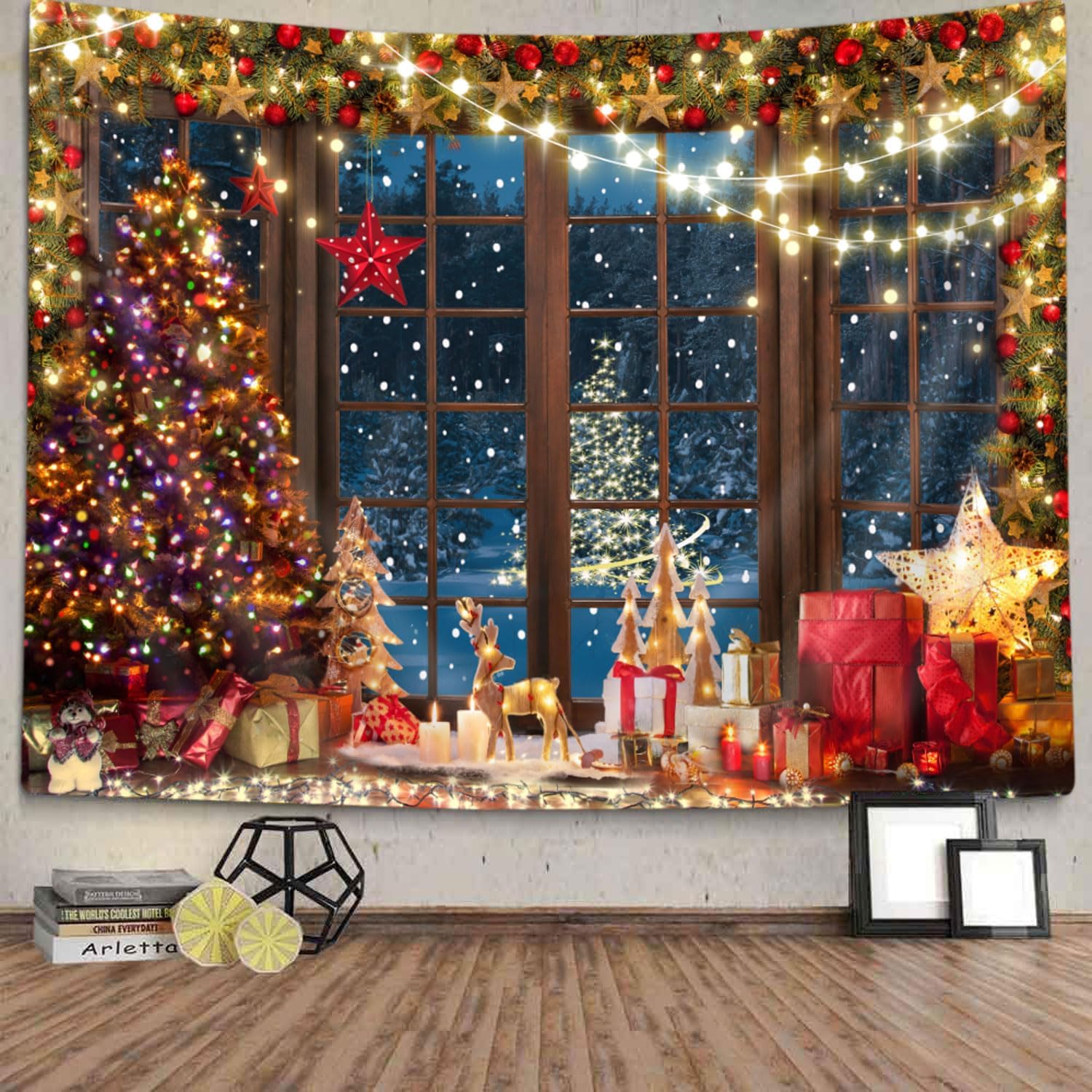 Amazon.com: Winter Christmas Tapestry, Rustic Wooden Window Christmas ...