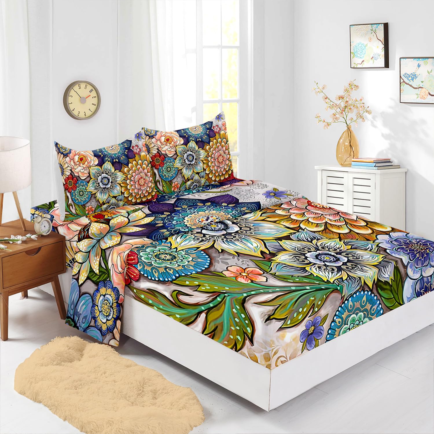 Amazon.com: Bohemian 4 Pieces Bed Sheets Soft Washed Microfiber Boho ...