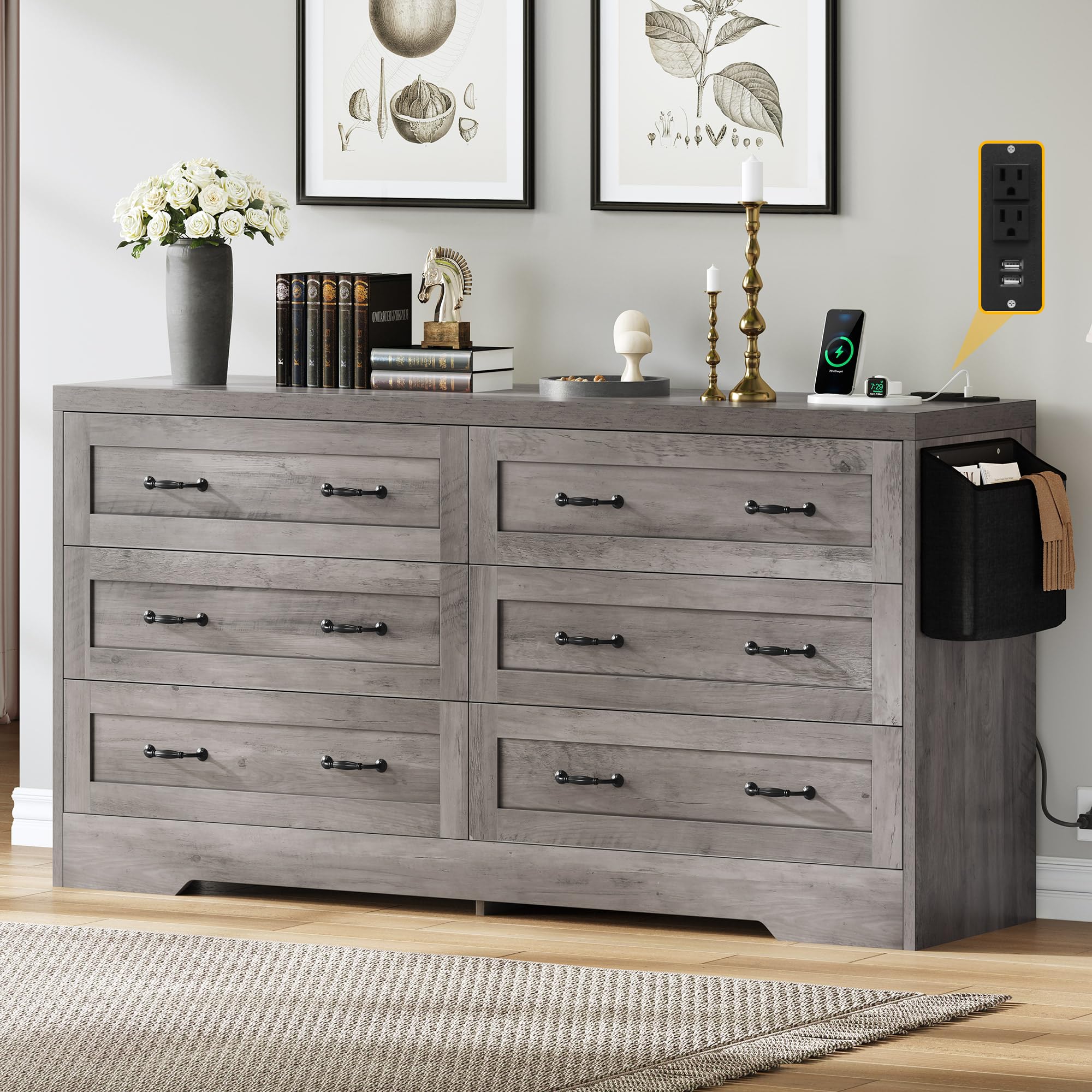 Snapklik.com : DWVO Farmhouse 6 Drawer Dresser For Bedroom, 60 Inch ...