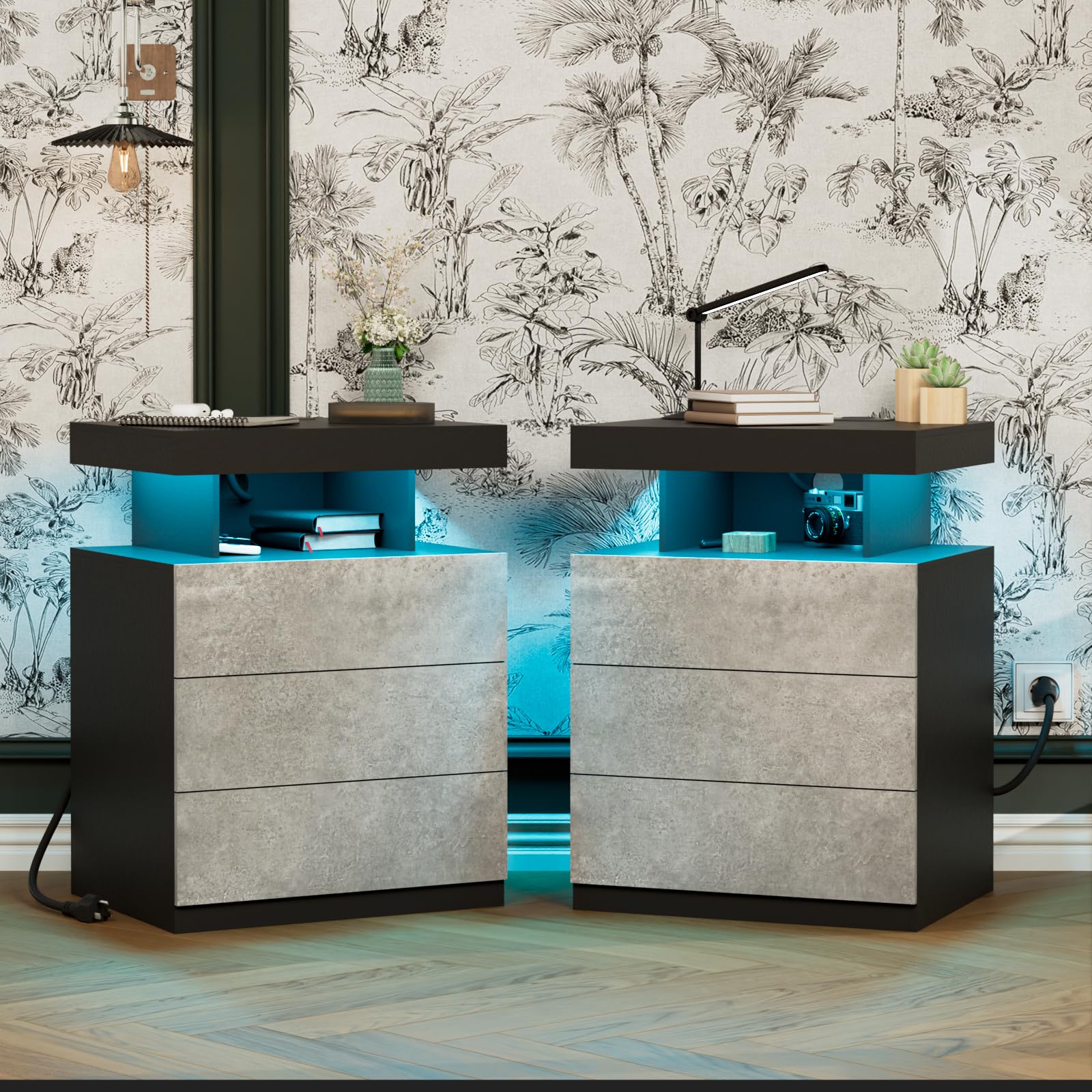 Amazon.com: HOMMPA Set of 2 LED Nightstands with Wireless Charging ...