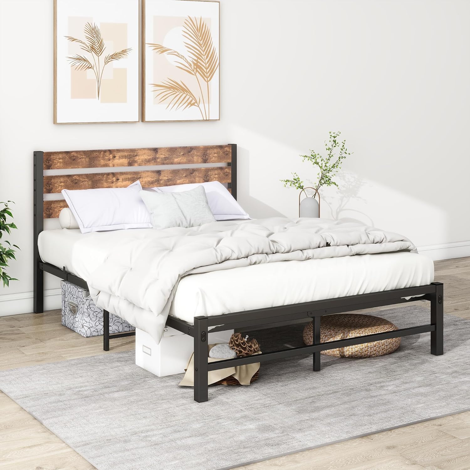 DUMEE Double Bed Frame with Wood Headboard, Metal Bed Frame Double ...