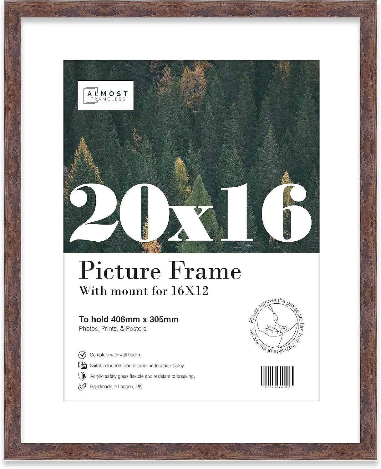 Almost Frameless 20x16 Walnut Picture Frame With Mount for 16x12 Print ...