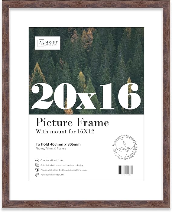 Almost Frameless 20x16 Walnut Picture Frame With Mount for 16x12 Print ...