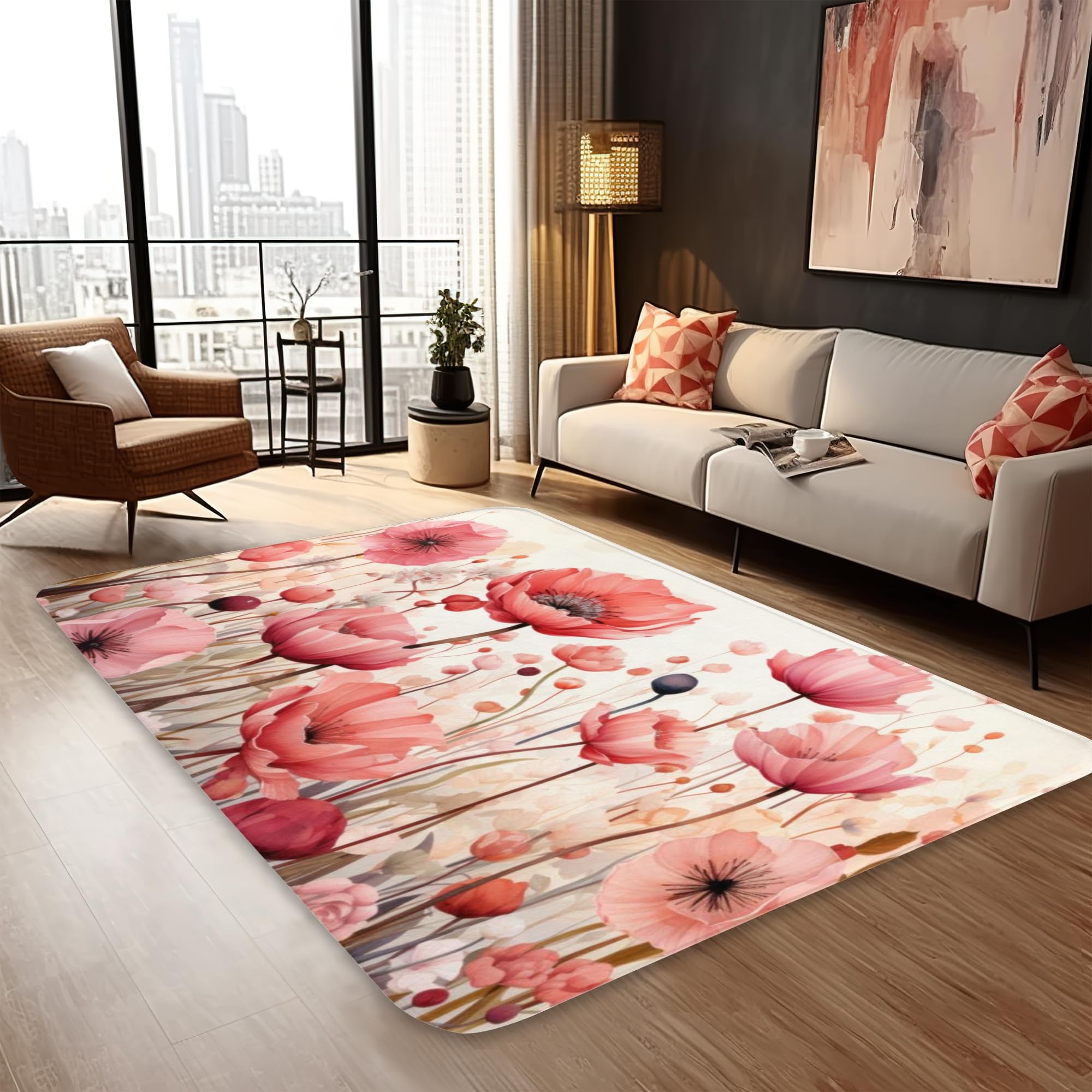 Amazon.com: Red Pink Poppy Flowers Area Rug for Living Room - Washable ...