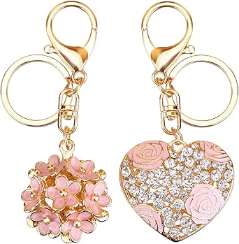 Amazon.com: Flower Ball Keychain and Sweet Love Heart Rose Crystal Key ...