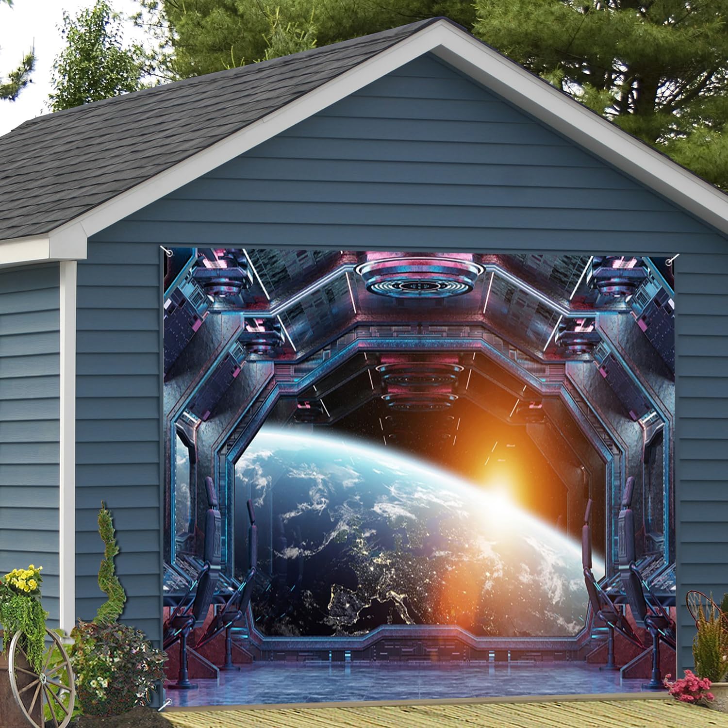 Amazon.com: DORCEV 7x8ft Outer Space Station Garage Door Decor ...