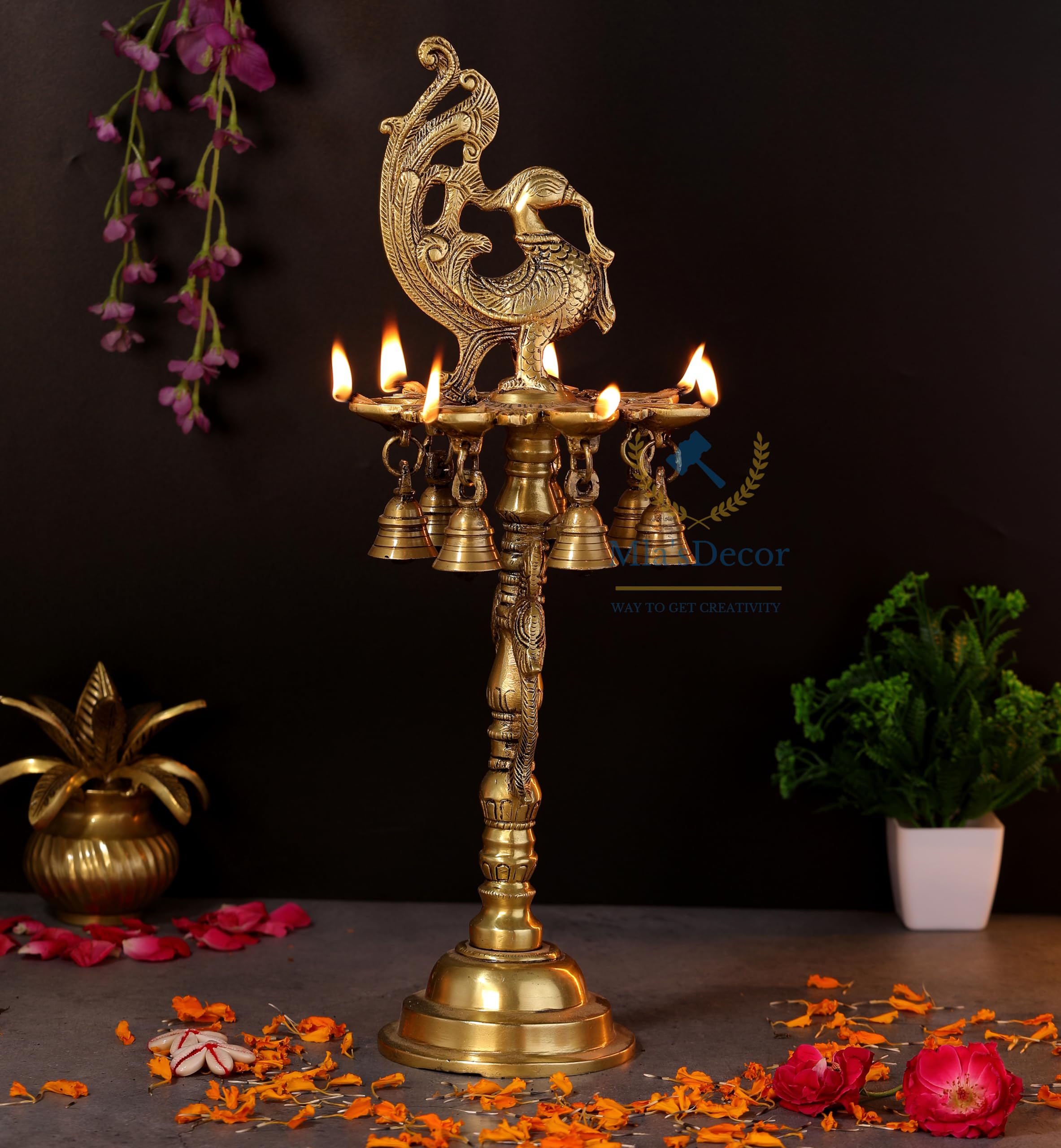 Buy Mla's Decor Brass Peacock Deepak Stand with Bells,Handcrafted ...