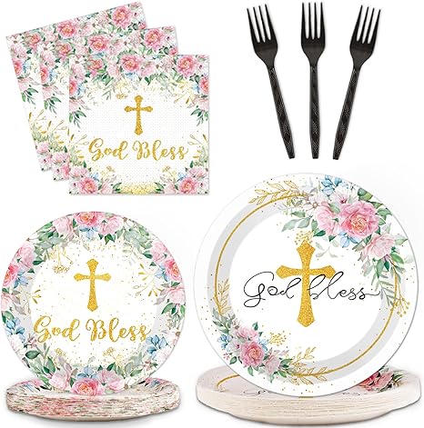 Amazon.com: 96 Pieces God Bless Flower Party Plates Baptism Theme Party ...