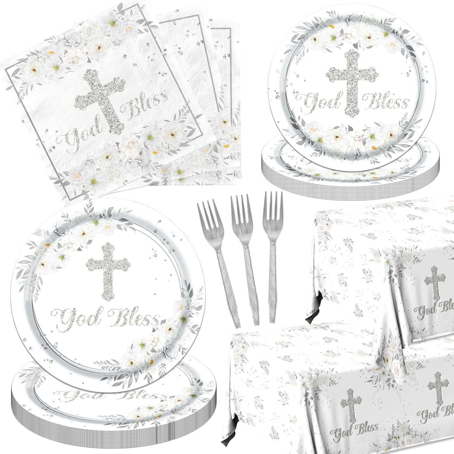 Amazon.com: God Bless Plates and Napkins Tableware,142pcs Sliver ...