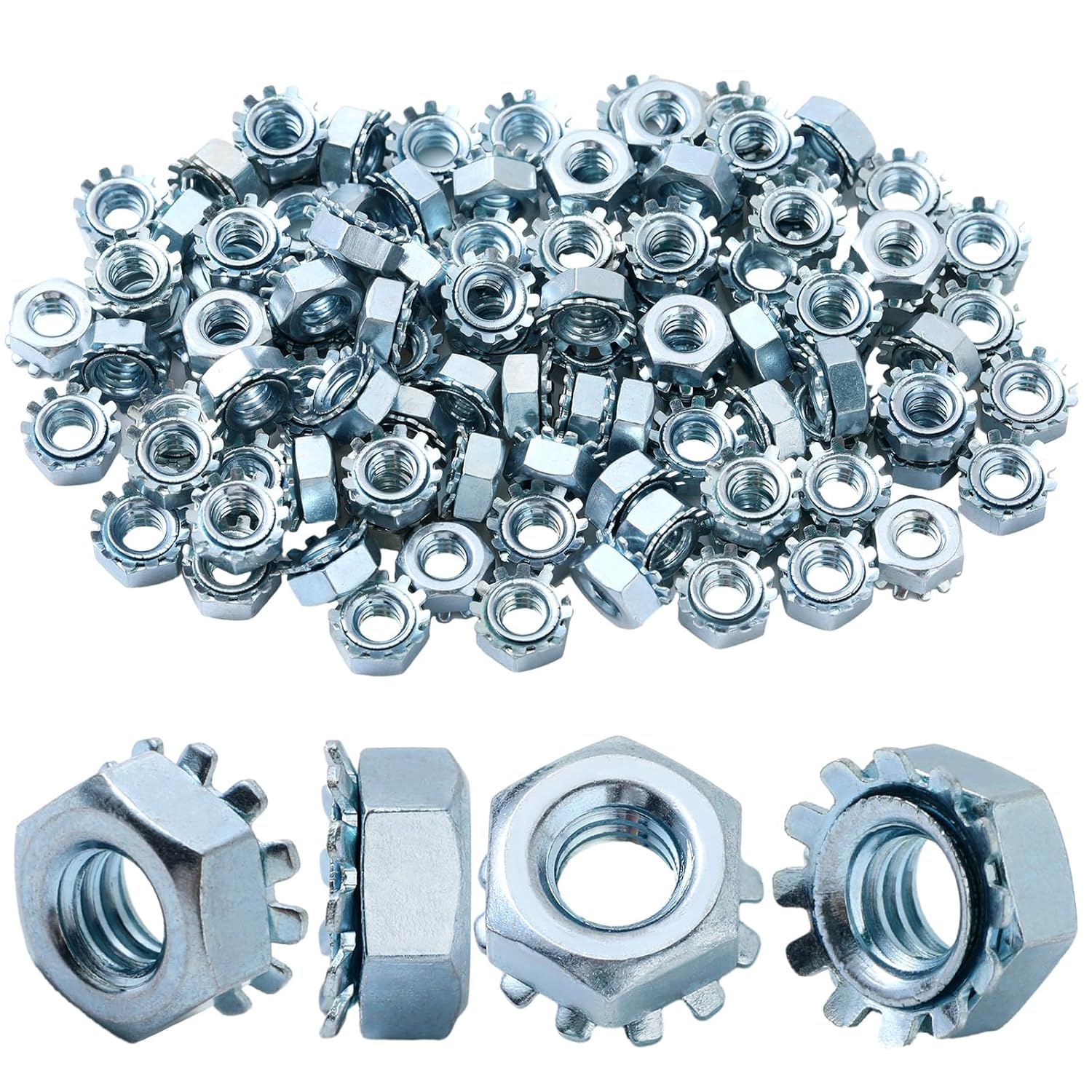 Tandefio 100 Pcs Lock Nut, 1/4"-20 Lock Nuts Zinc Plated Steel Nuts with External Tooth Washer ...