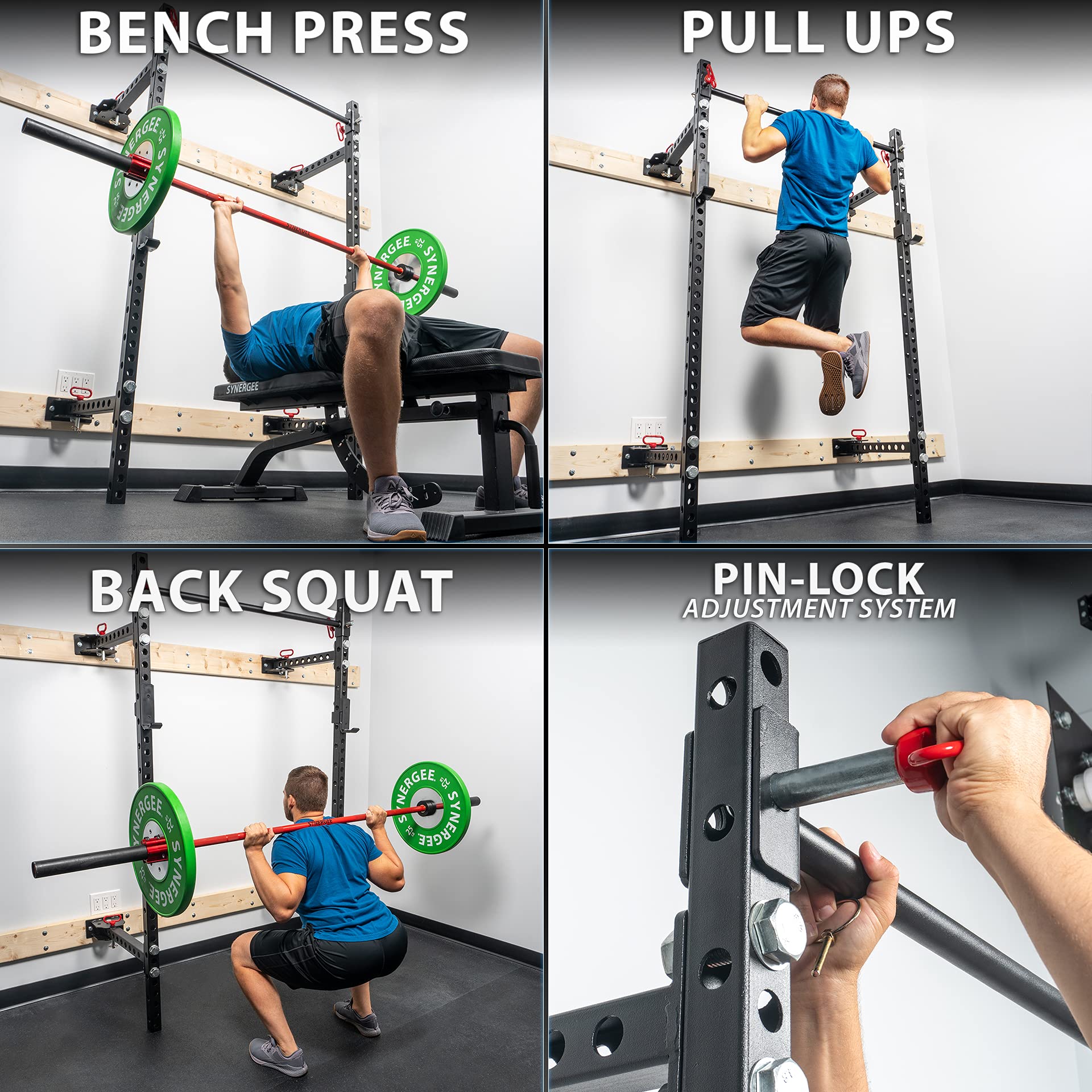 Synergee Folding Wall-Mounted Squat Rack with Pull Up Bar and J Cups ...