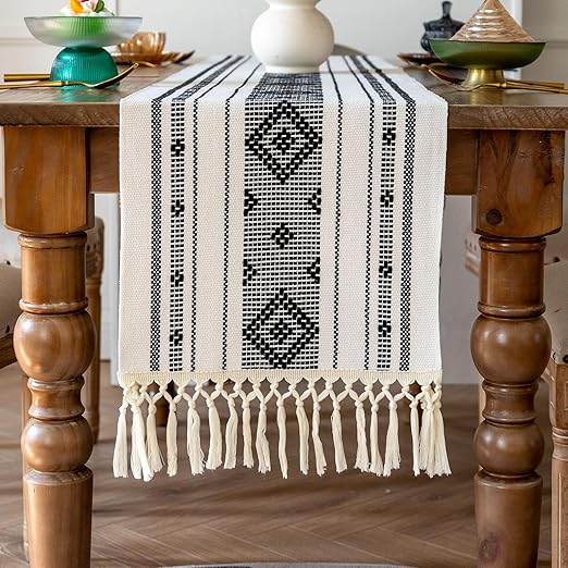Amazon.com: Dining Table Runner with Tassels Black and White Boho Table ...