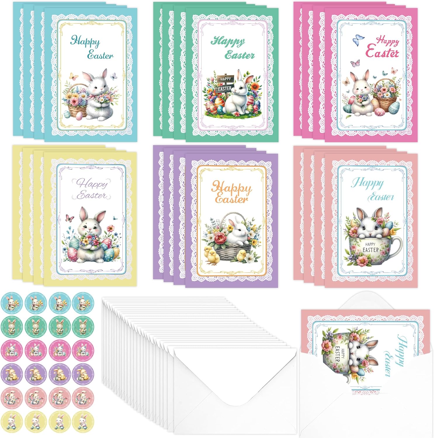 Amazon.com: Easter Bunny Cards with Envelopes: 24 Pcs Happy Easter ...