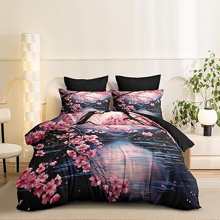 Amazon.com: CCoutueChen Cherry Bedding Set Queen Size,Black and Pink ...
