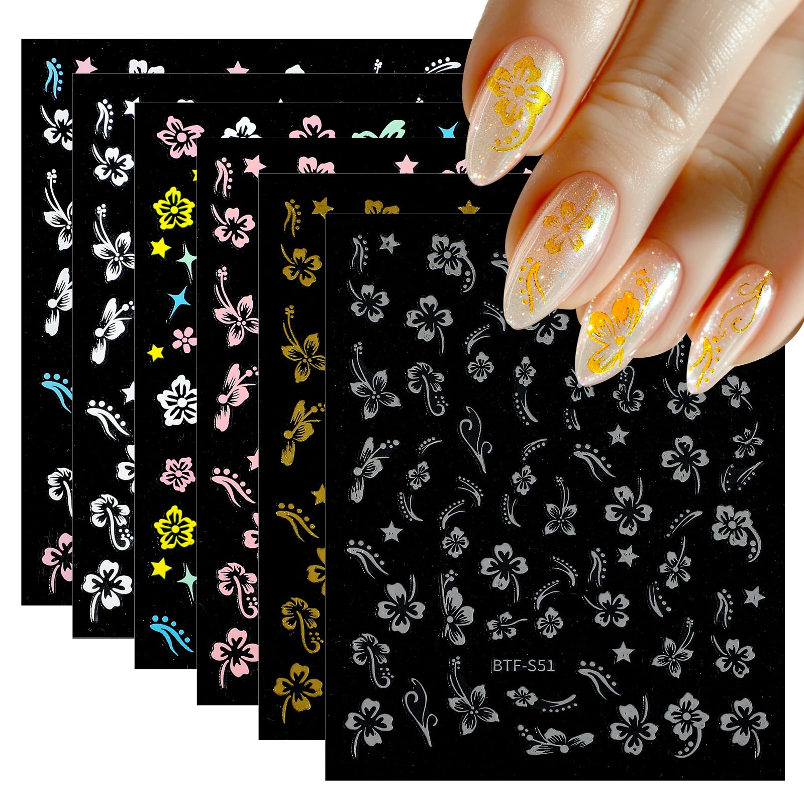 6 Sheets Flower Nail Stickers 3D Hibiscus Flower Nail Decals Self ...