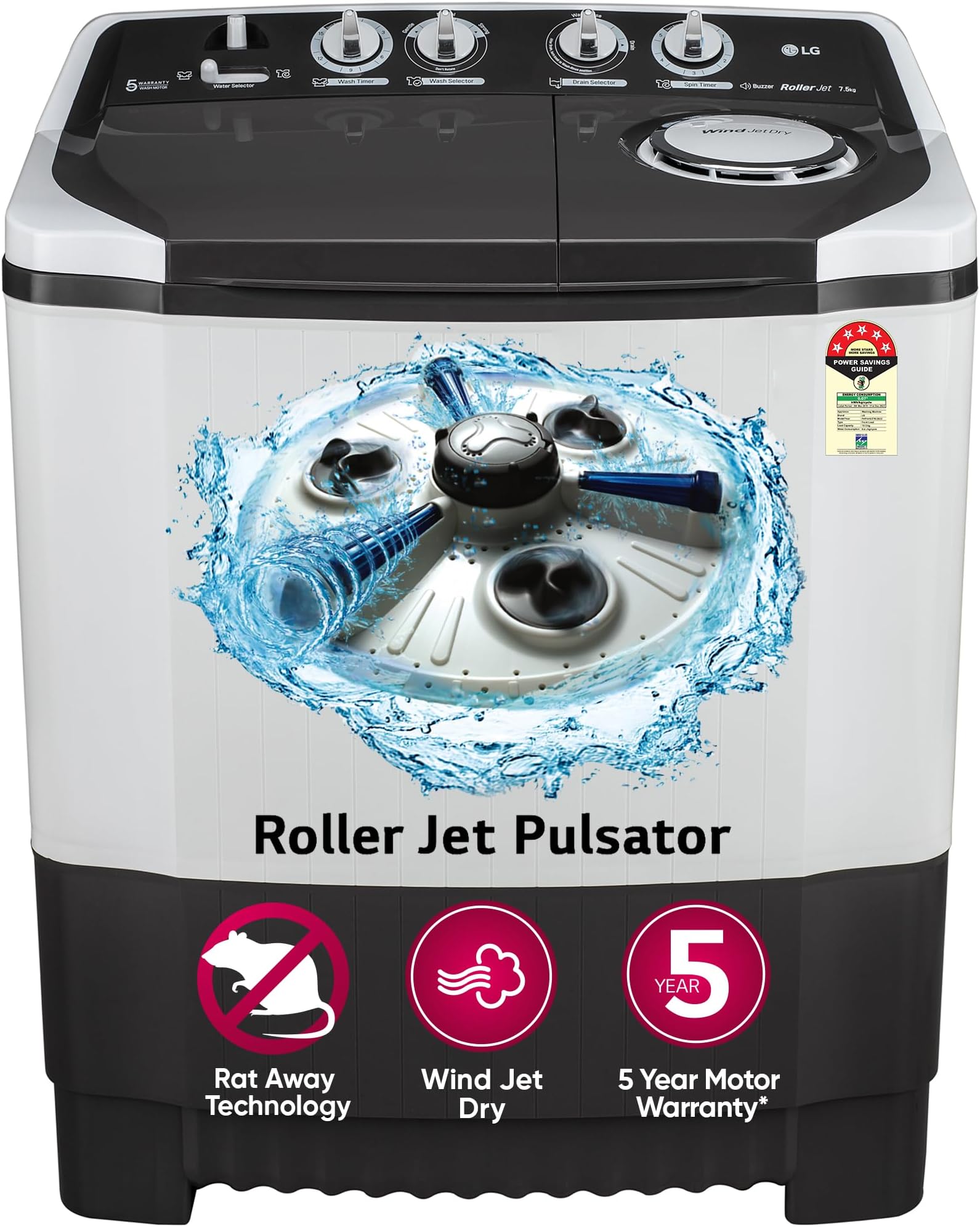 LG 7.5 kg 5 Star Wind jet dry Semi-Automatic Top Load Washing Machine ...